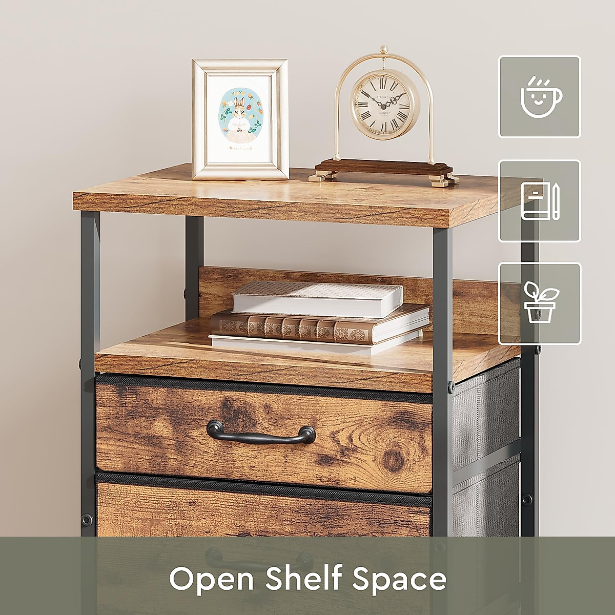 YeTom Nightstand, Bedside Table with 3 Fabric Drawers, Side Table with Open Shelf, End Table with Steel Frame,3 Drawer Dresser for Bedroom, Entryway, College Dorm, Easy Assembly,Brown