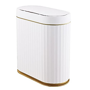 Motion Sensor Trash Can - ELPHECO 2.5 Gallon Waterproof Motion Sensor Trash Can, Bathroom Trash Can, Garbage Bin for Kitchen and Office Use, White with Golden Trim