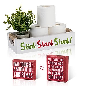 Veichin Double-Sided Christmas Funny Bathroom Decor with Double-Sided Sign, Stink Stank Stunk Box, Toilet Paper Storage Basket, White Wood Tank Tray Organizer with Handles for Christmas Decorative