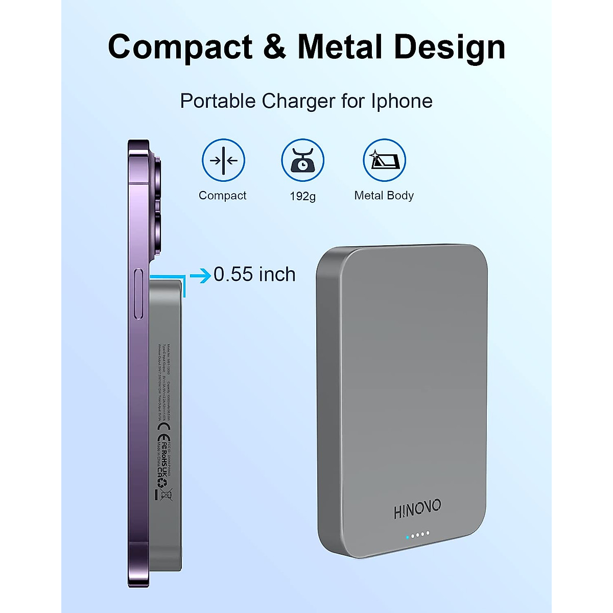 HINOVO Magnetic Power Bank, 10000mAh Wireless Portable Charger for iPhone, Wireless Battery Pack 15W Fast Charging, Compact Power Bank for iPhone 16/15/14/13/12, Compatible with MagSafe Phone Case