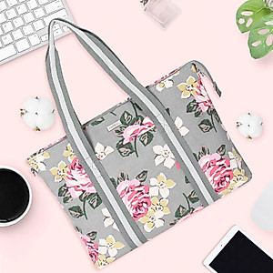 MOSISO Laptop Tote Bag for Women (17-17.3 inch), Canvas Rose Multifunctional Work Travel Shopping Duffel Carrying Shoulder Handbag Compatible with MacBook, Notebook and Chromebook, Grey