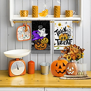 Unibyby Halloween Kitchen Towels, Halloween Pumpkin Towels Set of 2, Trick or Treat Dish Towels for Kitchen with Black Cat and Ghost Buffalo Plaid Decorations for Home, 18x28 Inches