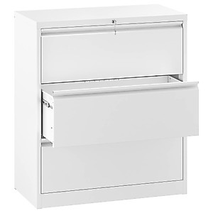 YITAHOME 3 Drawer Lateral File Cabinet with Lock, Metal Stainless Steel Wide Lateral Filing Cabinet for Legal/Letter A4 Size, Office Organizer Storage Cabinet,White