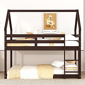 House Bunk Bed Twin Over Twin Floor/Low Bunk Bed Frame Wood Convertible Bunk Loft Beds for Kids Boys Girls Teens, Espresso