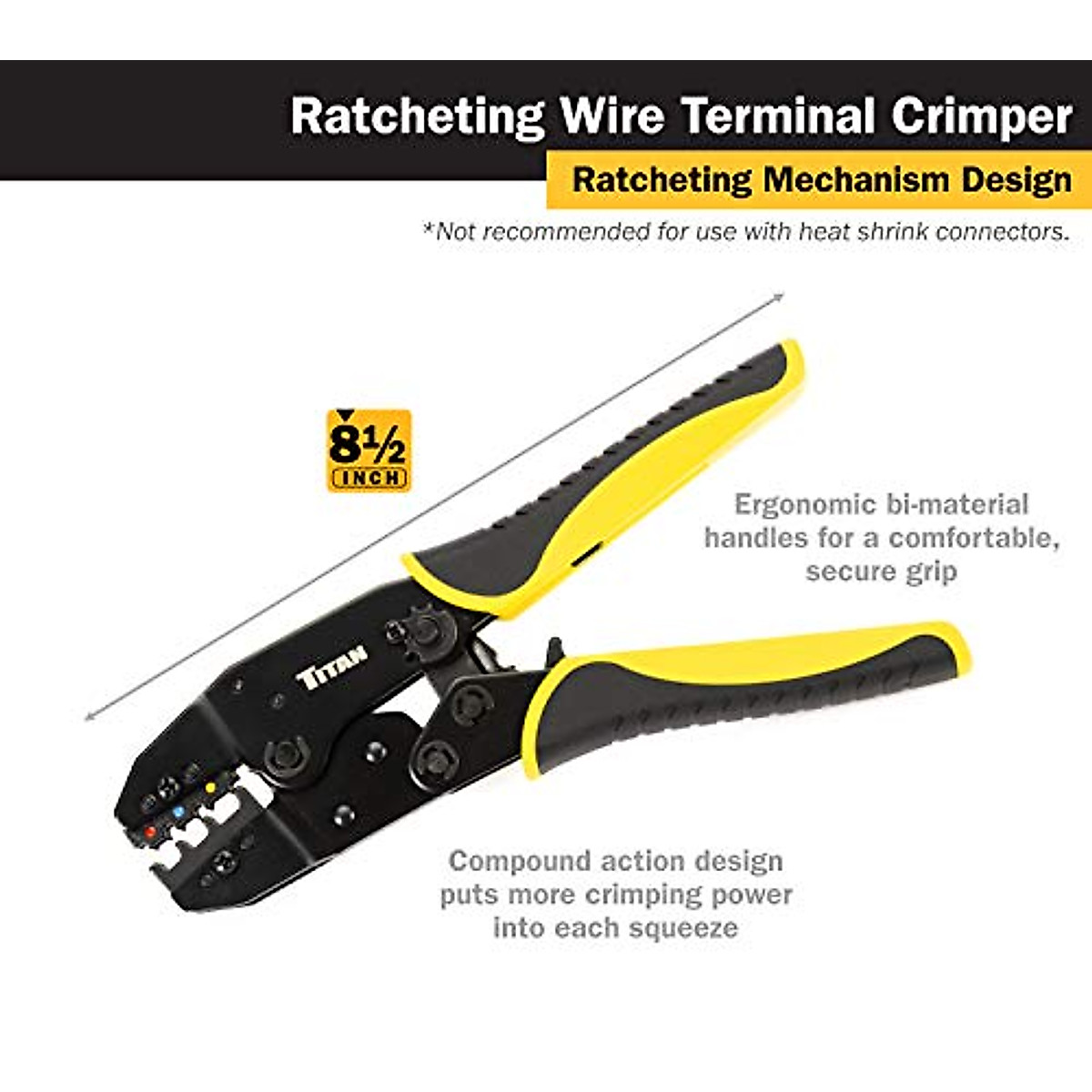 TITAN 11477 Ratcheting Wire Terminal Crimper Tool for Insulated Terminals, Fixed Jaw Crimper