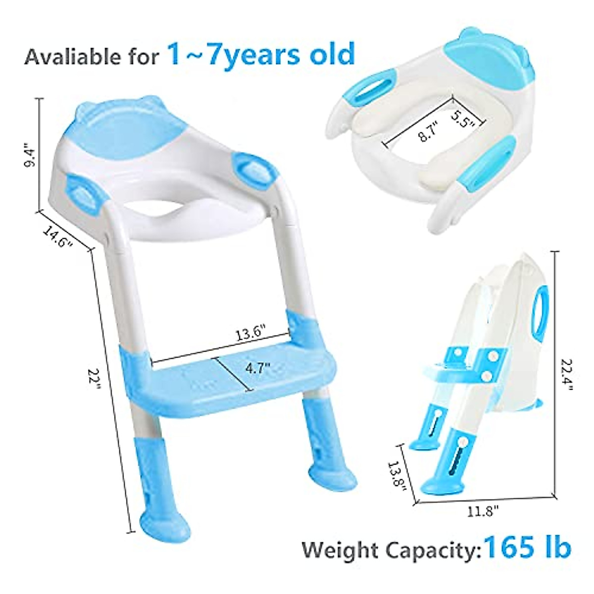 Besthls Potty Training Ladder Seat with Step Stool Ladder for Kids Boys Girl, Toddler Toilet Training Seat Chair with Soft Anti-Cold Padded Seat, Handles and Non-Slip Wide Steps (Light Sky Blue)