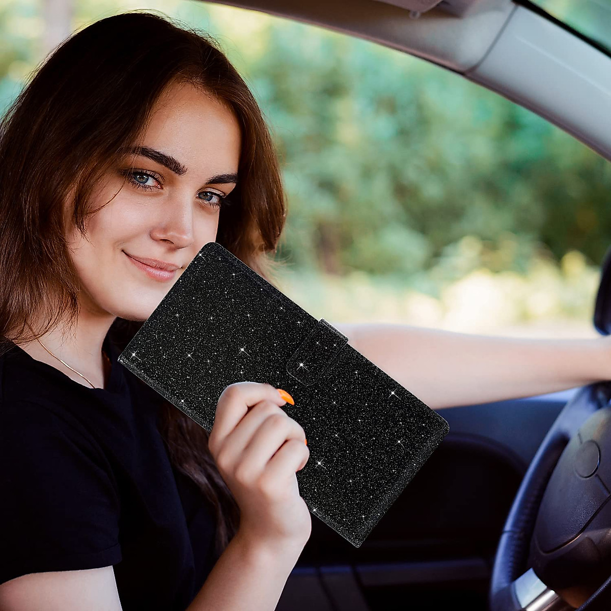 RSAquar unisex Car Registration and Insurance Holder, Vehicle Glove Box Organizer Cool Car Accessories, Car Document Holder for Cards, Driver License and Essential Document, Black Glitter