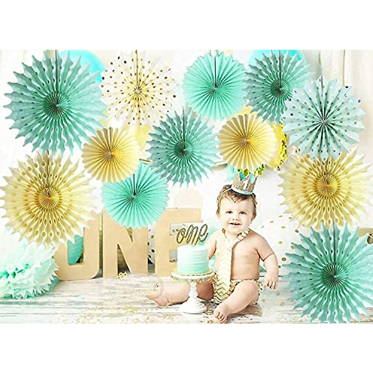 Mint Gold Birthday Decorations for Women Mint Cream Gold Polka Dot Paper Fans for Trial Baby Shower Decorations Mint Gold Wedding/Mint First Birthday Bridal Shower Decorations