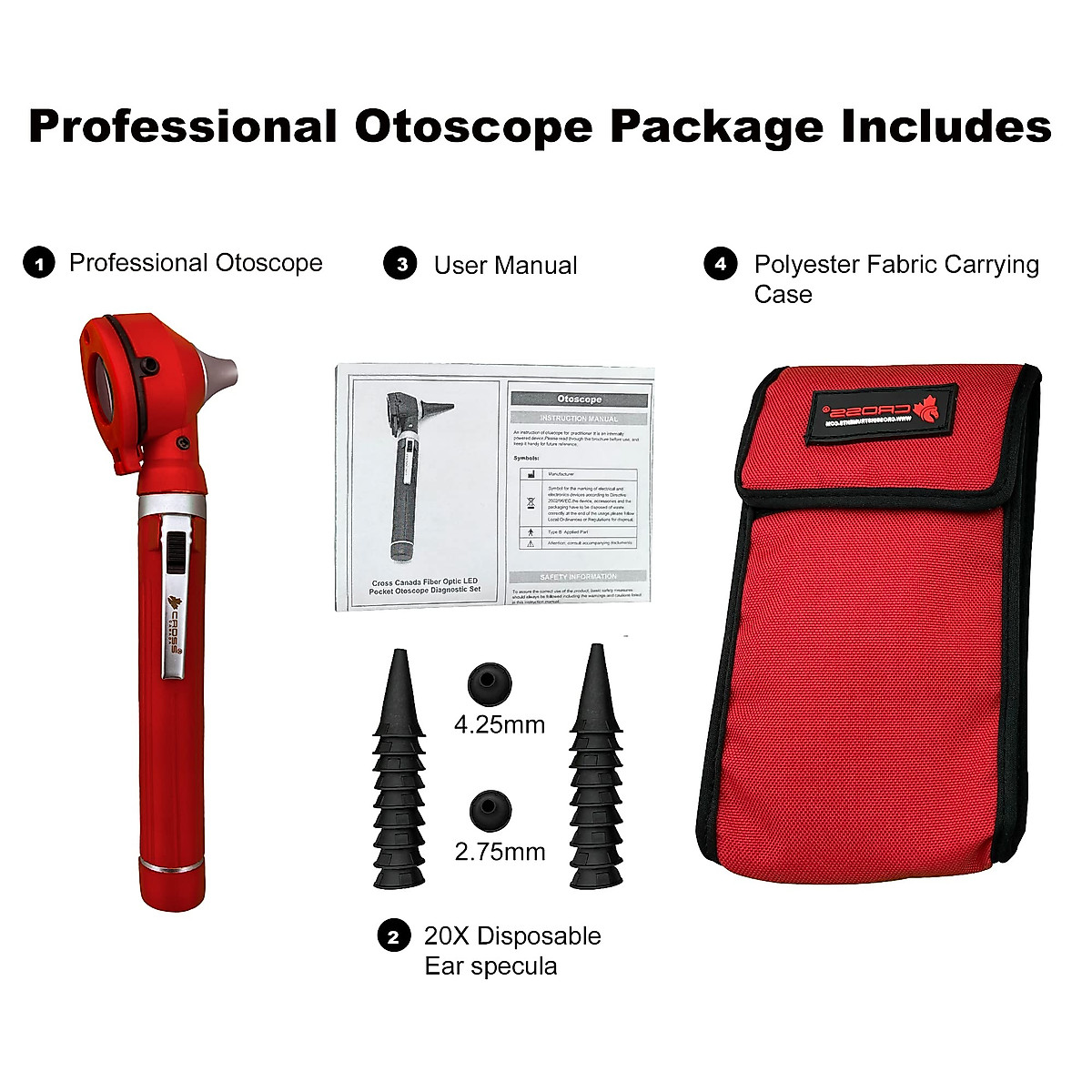 Cross Canada 11-082 Physician Fiber Optic LED Pocket Otoscope Diagnostic Set - Red