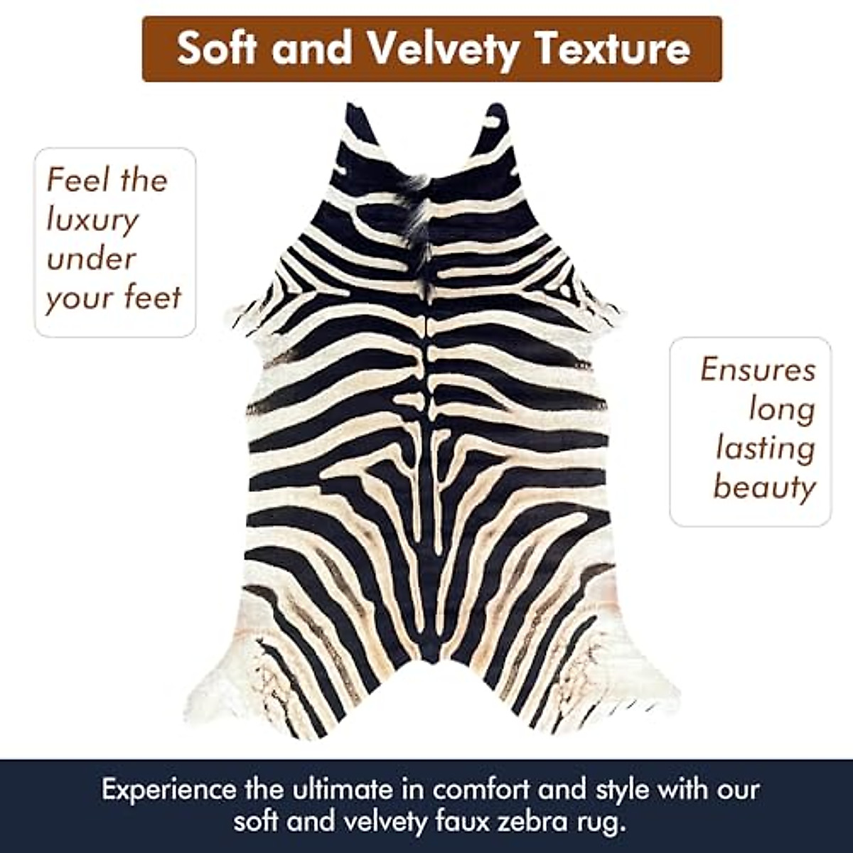 Tumbleweed Velvet Black, Ivory & Beige Synthetic Zebra Rug - Luxurious Zebra Print Rug Available in Multiple Sizes for Versatile Decor - Large 6' x 8'