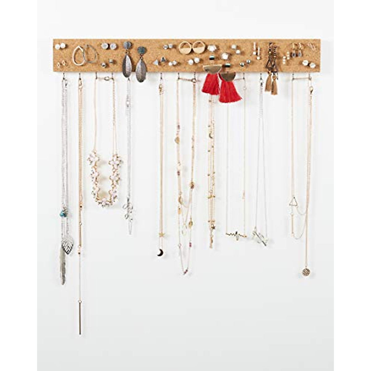 Stud Earring Organizer Hanging Holder with Cork Board - Wall Mount Jewelry Organizers - Necklace Display Rack - Mounted Cork Jewelry Display - Storage Hanger for Necklaces and Stud Earrings