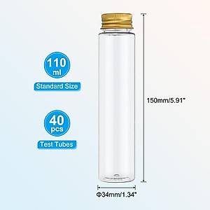 PATIKIL 110ml Test Tubes, 40pcs 5.91x1.34" Plastic Clear Flat Bottom Test Tube Containers with Caps for Bead Party Candy Bath Salt Storage Scientific Experiment Plant Propagation, Gold