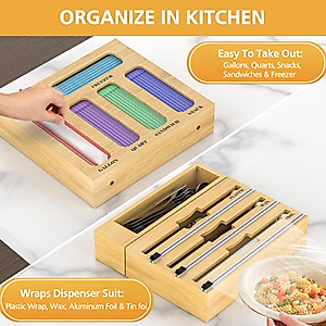 HOSTENU Storage Bag Organizer for Kitchen Drawer, 9 in 1 Foil and Plastic Wrap Dispenser with Cutter, Bamboo Plastic Baggie Organizer for Gallon, Quart, Sandwich, Snack & 12"" Rolls, Orange