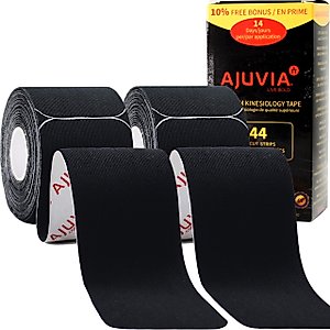 AJUVIA Professional Kinesiology Tape Roll, Premium Synthetic Kt Tape (2 Rolls, 10% Bonus, 40 + 4 Strips Precut) Lasts up to 14 Days, K Tape Precut Strips, Sports Tape Athletic