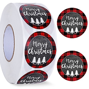 Whaline 1000Pcs Merry Christmas Stickers 1.5Inch Red Black Buffalo Plaid Border Round Stickers in Roll Christmas Tree White Printed Label Stickers for Xmas Seals Cards Presents Envelopes Decoration