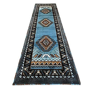 Kingdom Southwest Native American Runner Area Rug Blue & Brown Design D143 (2 Feet X 7 Feet)