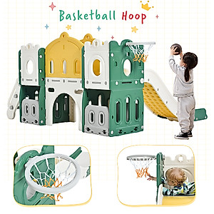 Merax 6-in-1 Kids Slide with Climber, Basketball Hoop, Tunnel and Storage Space, Outdoor Indoor Slide Playset for Toddlers Age 1+