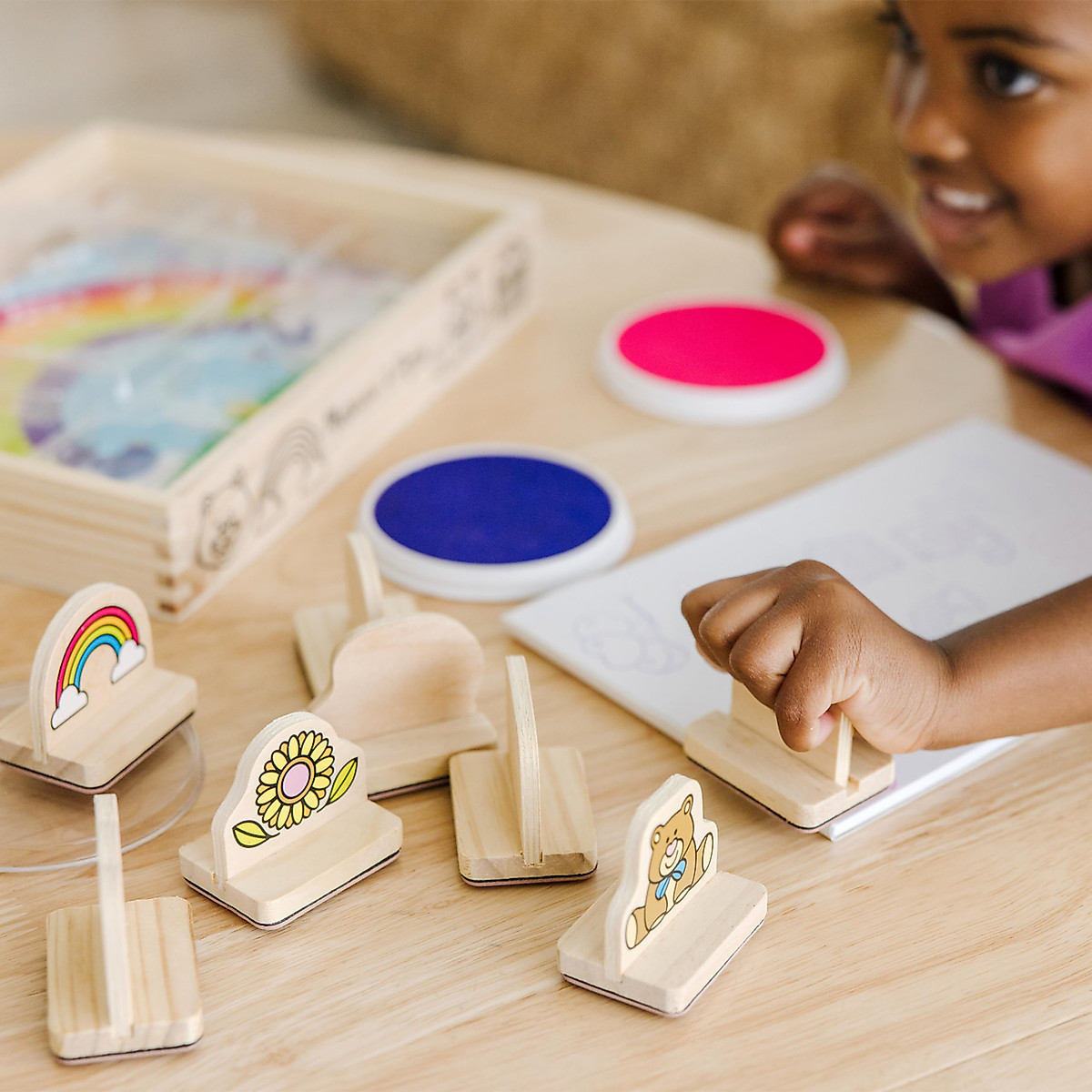 Melissa & Doug My First Wooden Stamp Set Favorites (8 Stamps with Handles, 2 Washable Ink Pads) Wooden Kids Stamps With Handles Set, For Kids Ages 3+