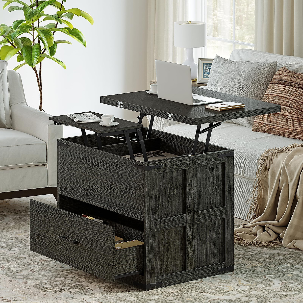 FABATO Lift Top Coffee Table, Farmhouse Coffee Table, Convertible Coffee Table with Storage and Drawer, Multifunctional Center Table Converts to Dining Game Table for Living Room, Dark Gray