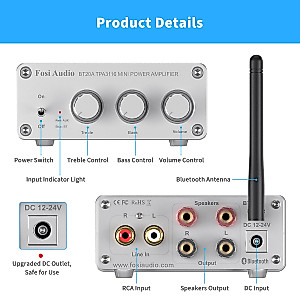 Fosi Audio BT20A-S Bluetooth 5.0 Stereo Audio 2 Channel Amplifier Receiver Mini Hi-Fi Class D Integrated Amp 2.0 CH for Home Speakers 100W x 2 with Bass and Treble Control TPA3116 (with Power Supply)
