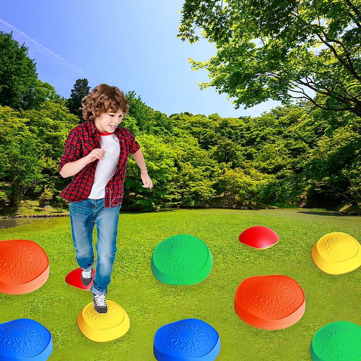 OMNISAFE Balance Stepping Stones for Kids, Non-Slip Textured Surface and Rubber Edges, Indoor & Outdoor Obstacle Course Toy, Exercise Coordination & Strength