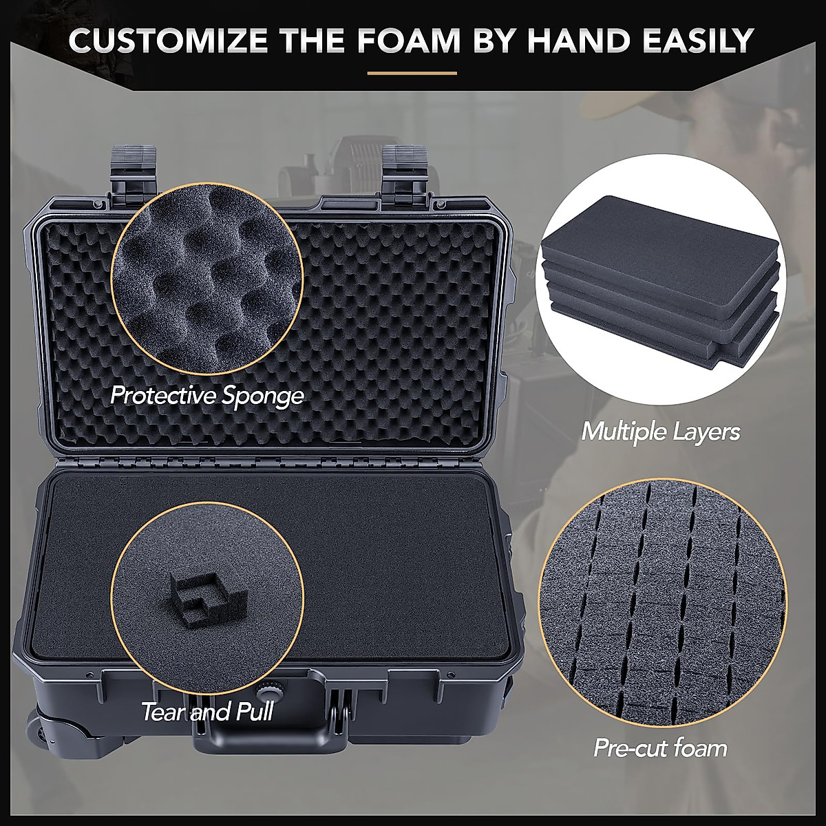Lykus HC-5120 Waterproof Hard Case with Wheels and Customizable Foam, Interior Size 20.3x11.3x7.3 inch, Suitable for camera, lens, drone, mic, flashlight, projector, electronics, tools, and more