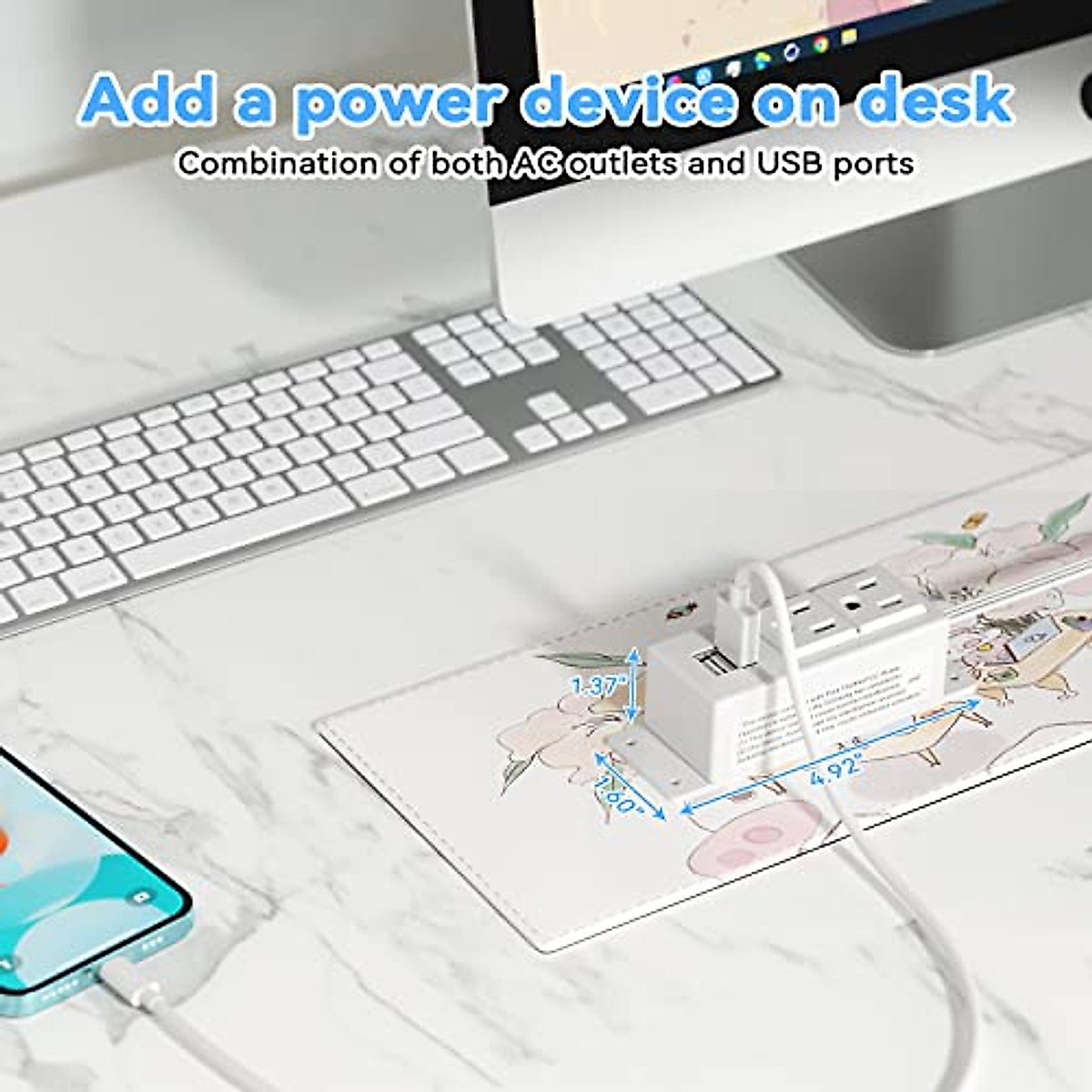 Kungfuking Power Strip with USB, Wall Mountable Socket Surge Protector Power Strip with 2 AC Outlets and 2 USB Charging Ports White Extension Cord 6.56 FT, Flat Plug