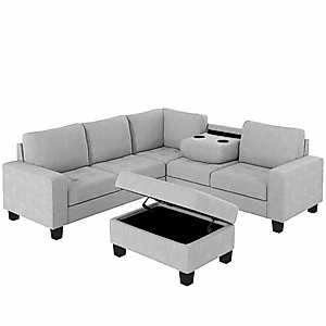 Merax 2 Piece Sectional Corner Sofa, Living Room Modern Velvet Couch Space Saving Cup Holders, L-Shape with Storage Ottoman, Silver Grey