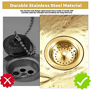 Norme 5 Pcs 3-1/2 Inch Gold Kitchen Sink Drain Strainer Assembly with Sink Garbage Disposal Flange, Stopper Plug, Splash Guard Stainless Steel Sink Drain Strainer Replacement Accessories Kit