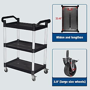 Abacad Plastic Commercial Cart Large Size, Restaurant Cart with Wheels Lockable, Heavy Duty Utility Service Cart for Foodservice, Commercial,Office, Warehouse, Black, 40.15X 19.29x 38.97 inches.