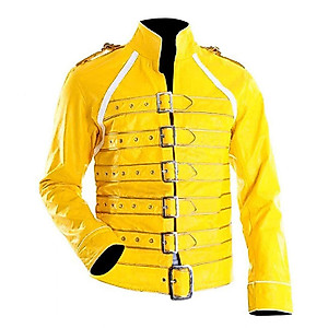 Freddie Concert Queen Yellow Synthetic Jacket Mercury Mens Pop Rock Star Concert Belted Costume 80s Rock Legend Costume Adults Lead Singer Yellow Jacket Outfit