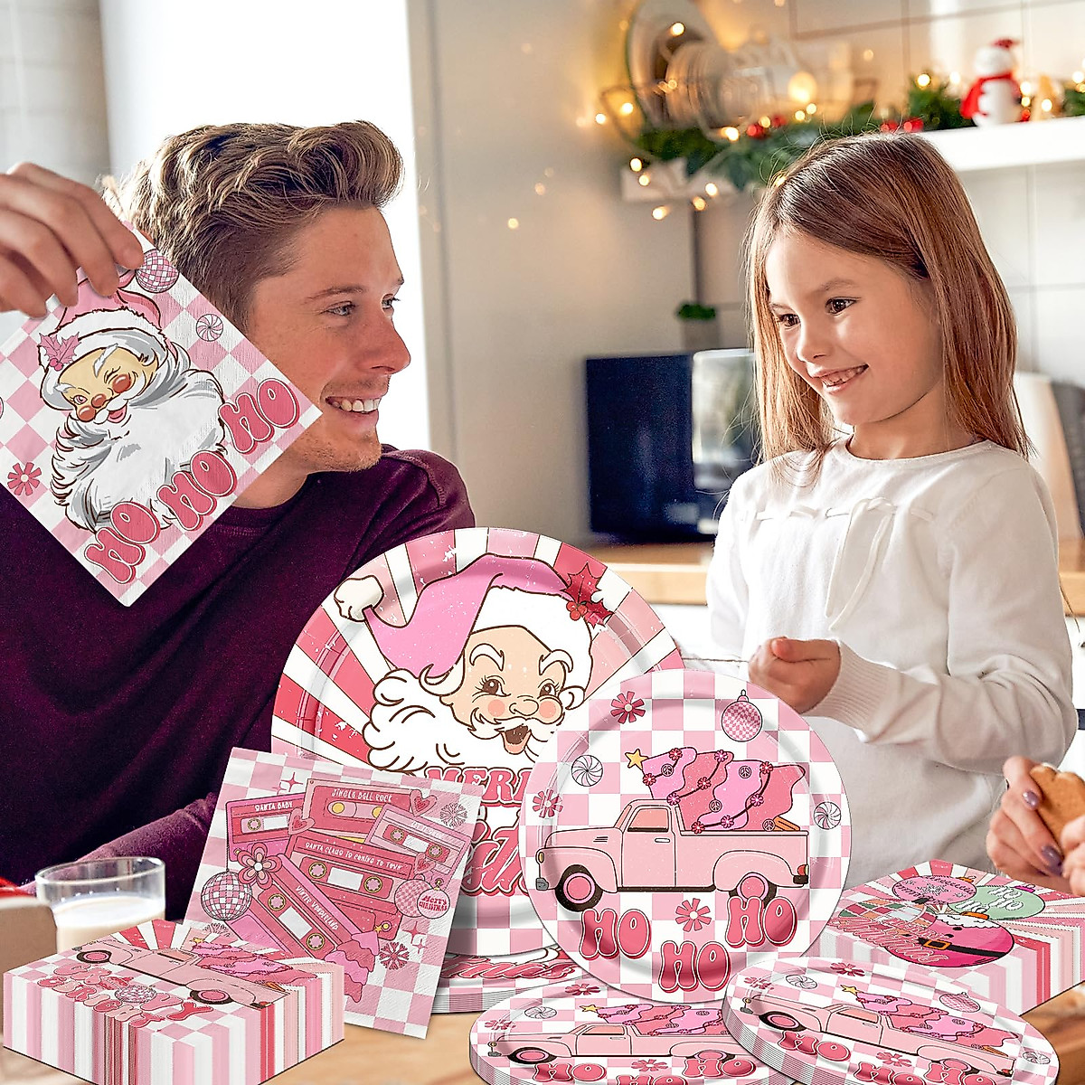 Lenyunge Pink Christmas Decoration Tableware Set,75pcs Ho Ho Ho Christmas Plates and Napkins Supplies Groovy Theme Hip Hop Santa Claus Christmas Supplies for Winter Theme Xmas Holiday