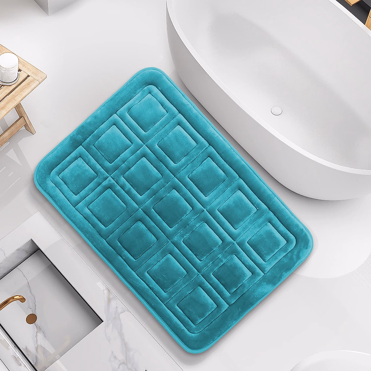 Clara Clark Bathroom Rugs, Velvet Memory Foam Bath Mat, Non-Slip, Machine Washable Bath Rugs - Dries Quickly, Ultra Soft Plush Bath Mats for Bathroom, 20 x 32, Waffle - Teal