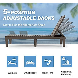 MELLCOM Outdoor Chaise Lounge Chairs Set of 2, All-Weather Patio Loungers with 5-Position Adjustable Backrest and Wood Texture Design, Reclining Chair for Patio, Garden, Beach, Poolside, Balcony