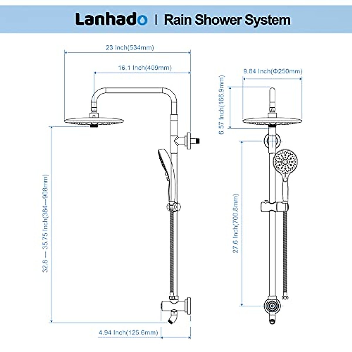 Shower System Slide Lanhado 10” Rain Shower System with 11+1 Multi Functions Handheld Spray High Pressure Shower Faucet Set Shower Slide Bar Chrome Polished