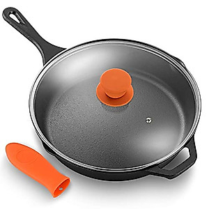 NutriChef - NCCI10 NutriChef Pre-Seasoned Cast Iron Fry Pan with Glass Lid & Silicone Handle, 10 inch, Black