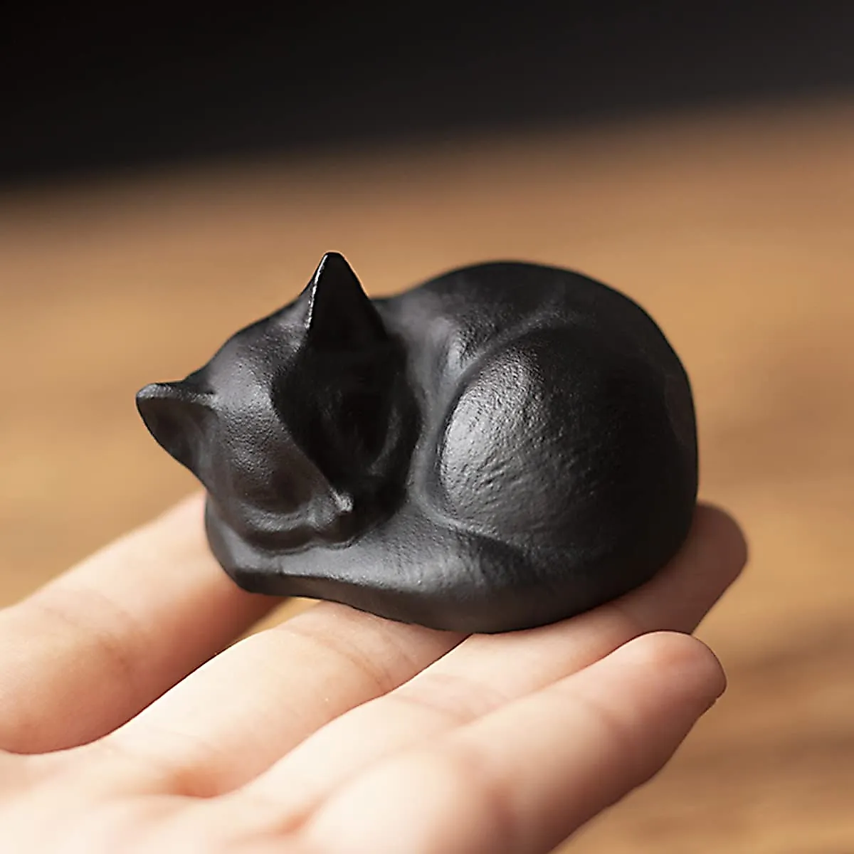 OwMell Tiny Sleeping Cat Statue Hand-Carved Healing Stone Gemstone Little Kitten Statue Figurine 2" - Black Obsidian