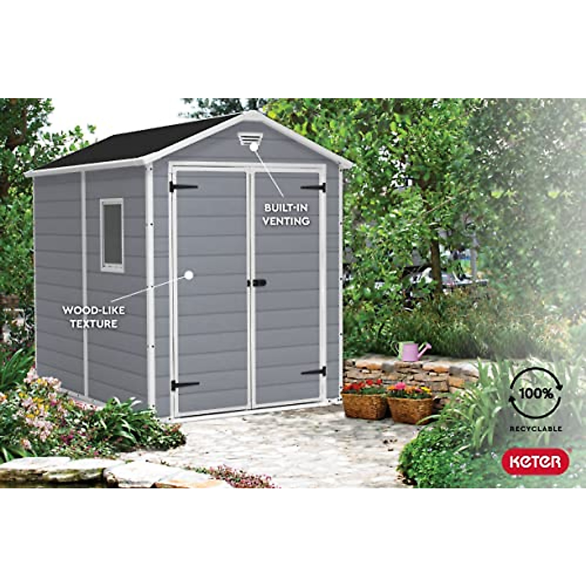 Keter Manor 6x8 Resin Outdoor Storage Shed Kit-Perfect to Store Patio Furniture, Garden Tools Bike Accessories, Beach Chairs and Lawn Mower, Grey & White