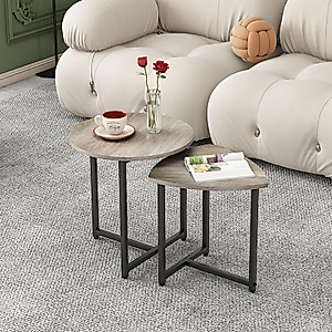 Wolawu Nesting Table Small Round Coffee Table,Set of 2 End Tables,Minimalist Side Table for Living Room Bedroom,Stacking Sofa Side Tables with Solid Metal Frame for Small Space,Oak