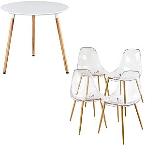 GreenForest Dining Table White Modern Round Table and Acrylic Ghost Dining Chairs Set of 4, Clear Dining Chairs with Crystal Transparent Seat