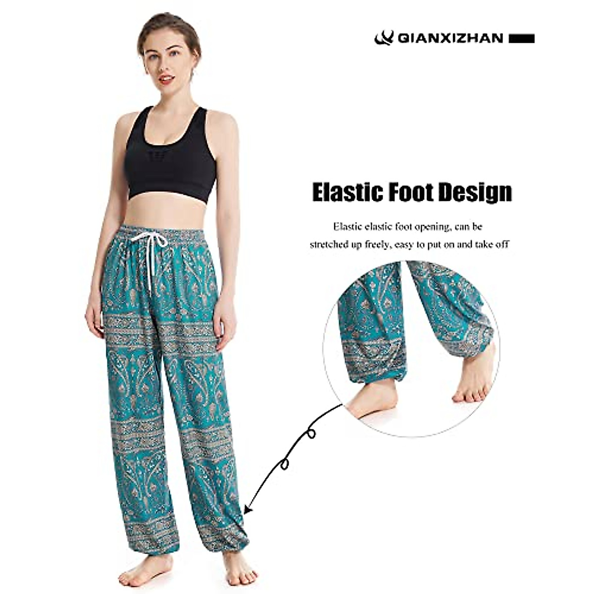 QIANXIZHAN Women's Harem Pants, Hippie Palazzo Pants Boho Joggers Yoga Clothes with Pockets Cyan Flower L