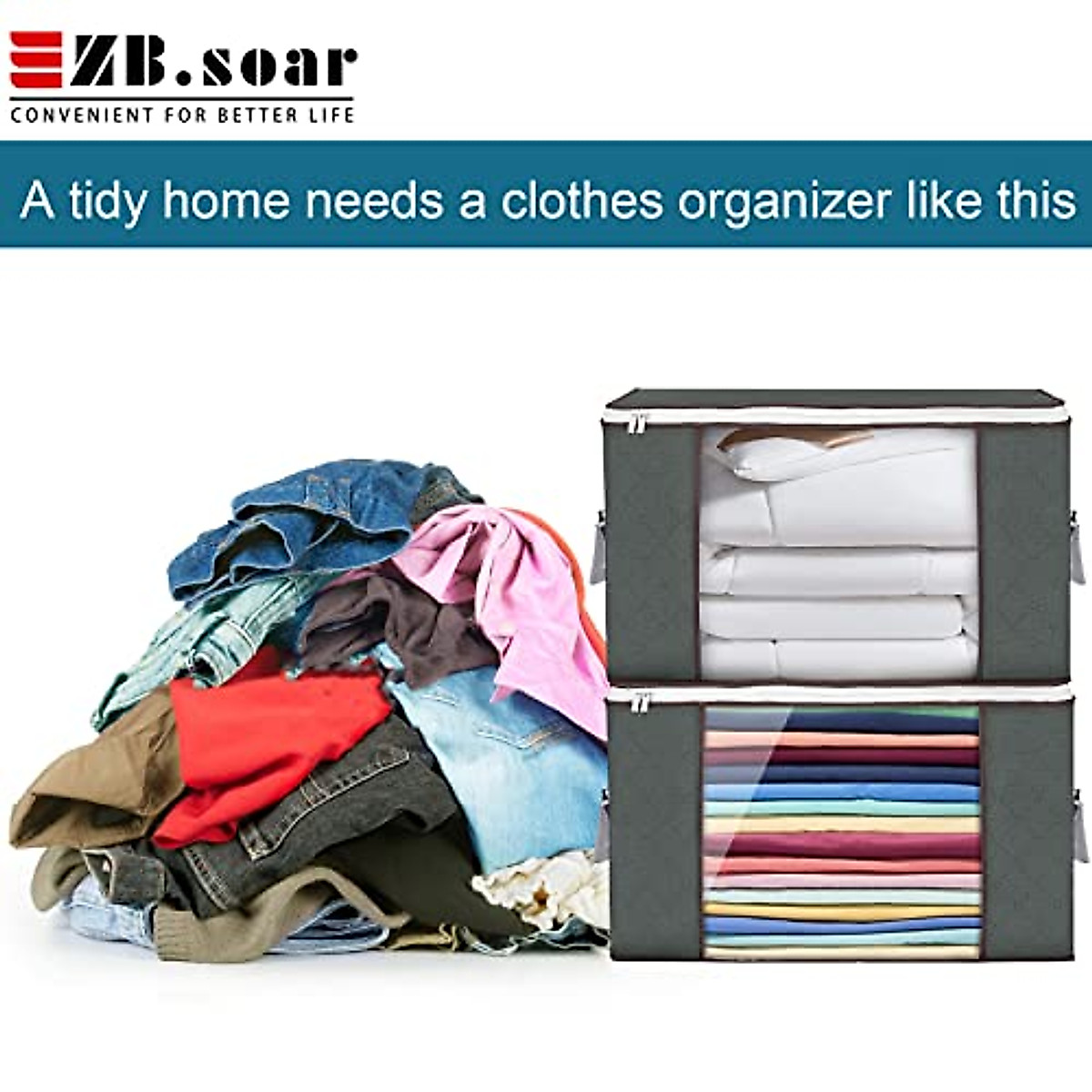 ZB.soar Clothing Storage Bags,Thickened Storage Bags for Bedroom with Reinforced Handle Thick Fabric for Comforters, Blankets, Bedding, Foldable with Sturdy Zipper, Clear Window, (2 Pcs, 90L, Gray)