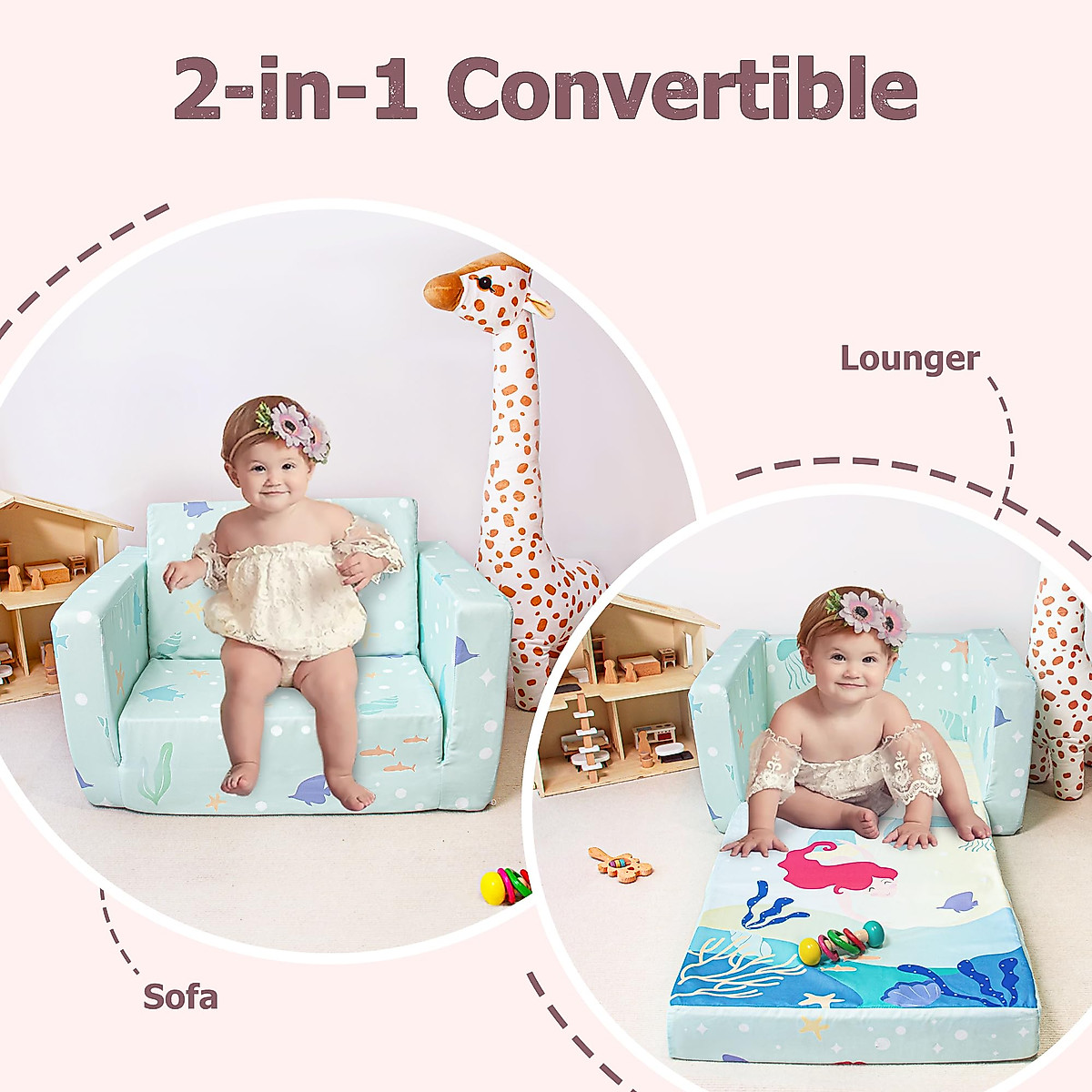 ZenKitch Kids Couch, 2-in-1 Toddler Sofa Fold Out, Soft Toddler Chair for Boys and Girls, Convertible Sofa to Lounger- Ideal for Napping, Reading, and Playing