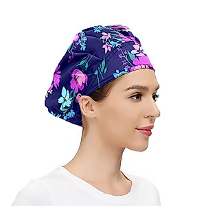 Shutiall Working Cap with Button and Sweatband Adjustable Tie Back Bouffant Hats Printed Multi Color for Woman Man.Flowers