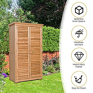 Safstar Outdoor Storage Shed, Wooden Tool Storage Shed w/ Detachable Shelves & Pitch Roof & Shutter Vents, Garden Storage Cabinet for Backyard Patio Deck Porch, 34.5”L x 18.5”W x 63”H, Natural