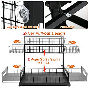 Haturi Under Sink Organizer, 2 Tier Sliding Shelves & Height Adjustable Under Cabinet Storage, Metal Pull Out Shelf and Non-Slip Feet Under Cabinet Sink Organizers and Storage for Kitchen Bathroom