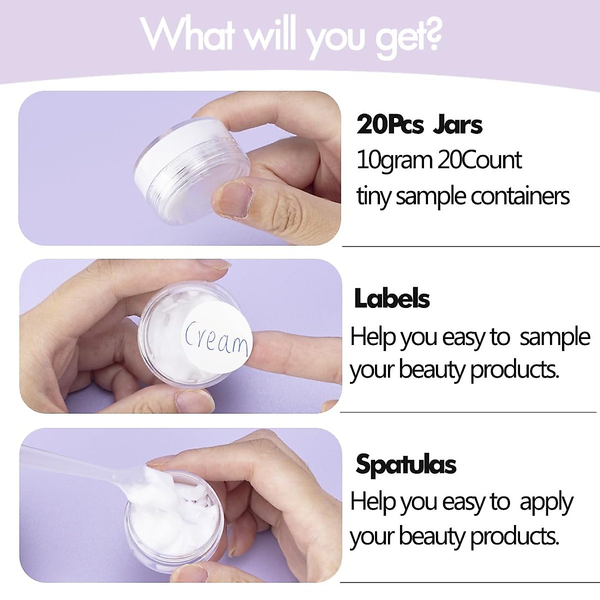 10 Gram 20 Count Sample Containers, Small Plastic Containers with Lids, Empty Sample Jars with Labels and Mini Disposable Spatulas(Black Lid)