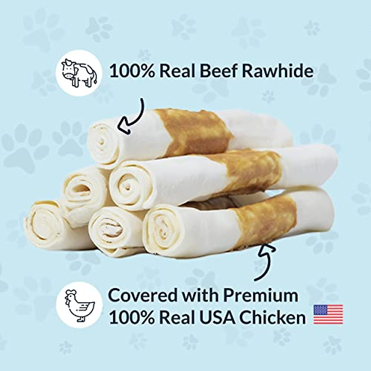 Pawveyor 10-11" USA-Sourced Chicken Wrapped Rawhide Retriever Rolls for Large Dogs - 20 Thick Long Lasting Dog Chews for Aggressive Chewers - All-Natural Chicken Wrapped Dog Treats for Large Dogs