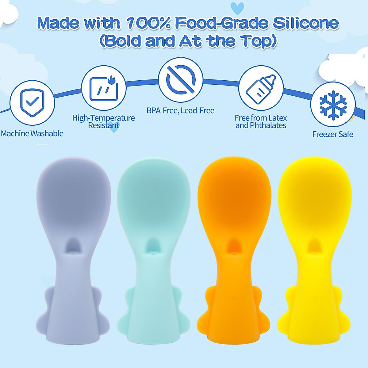Miniguysa Silicone Baby Spoons & Squeeze Pouch Feeder Attachments Topper: Easy-Clean, Leak-Proof Spoon for Infant Food, Ideal for Diverse Food Pouches, Suitable for 3+ Months Babies 4-Pack, 2.48*1.18