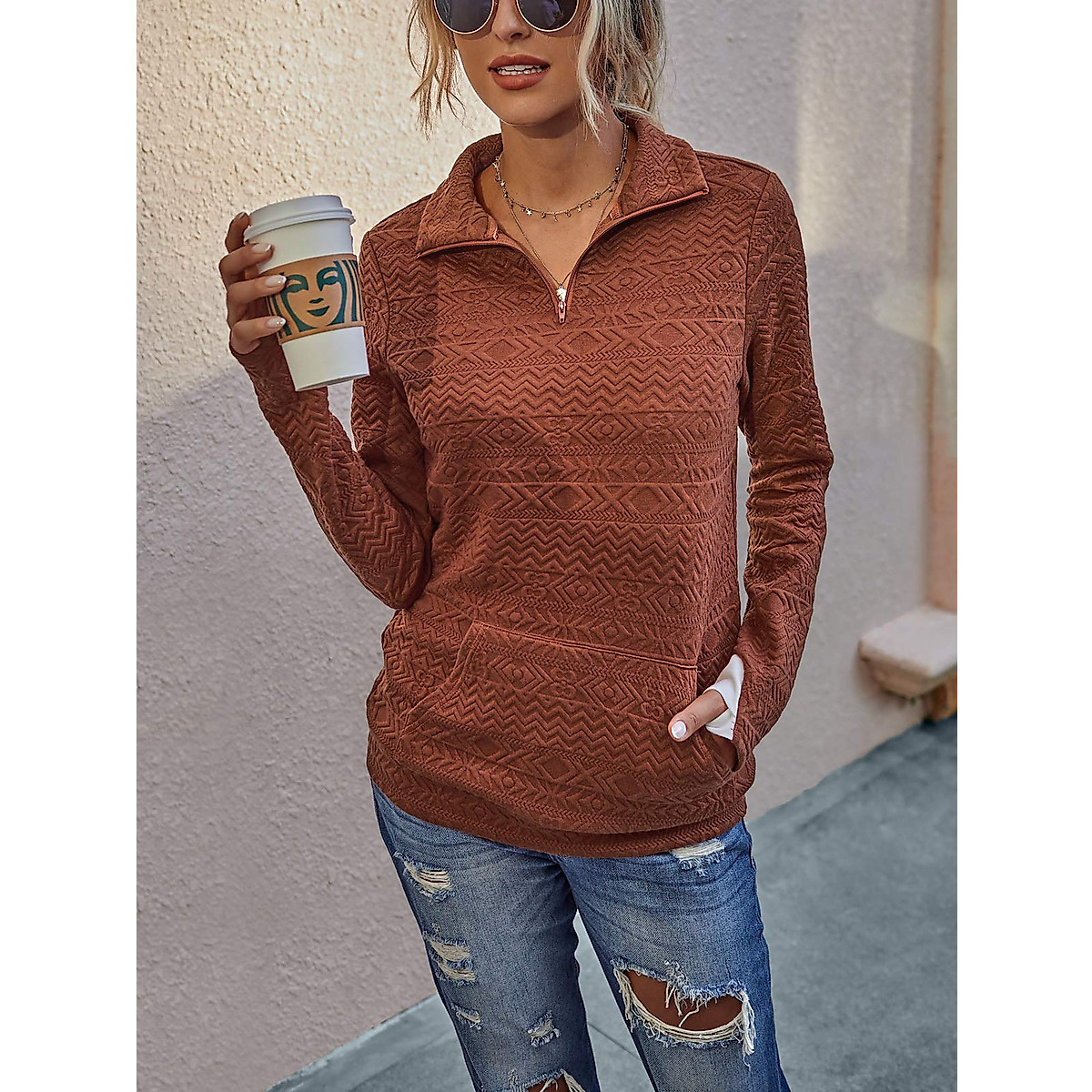 LANREMON Women Long Sleeve Sweatshirt Fashion Quilted Pattern Plain Zipper Pullover Sweatshirts Tops with Pockets